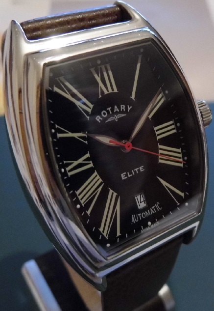 Rotary Elite Tonneau Limited Edition, Black Dial, Leather Strap