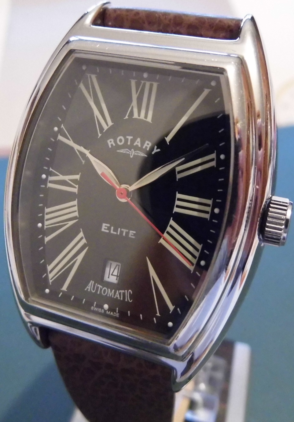 Rotary Elite Tonneau Limited Edition, Black Dial, Leather Strap