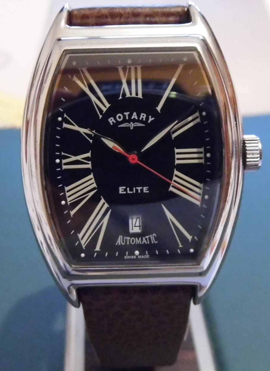 Rotary Elite Tonneau Limited Edition, Black Dial, Leather Strap